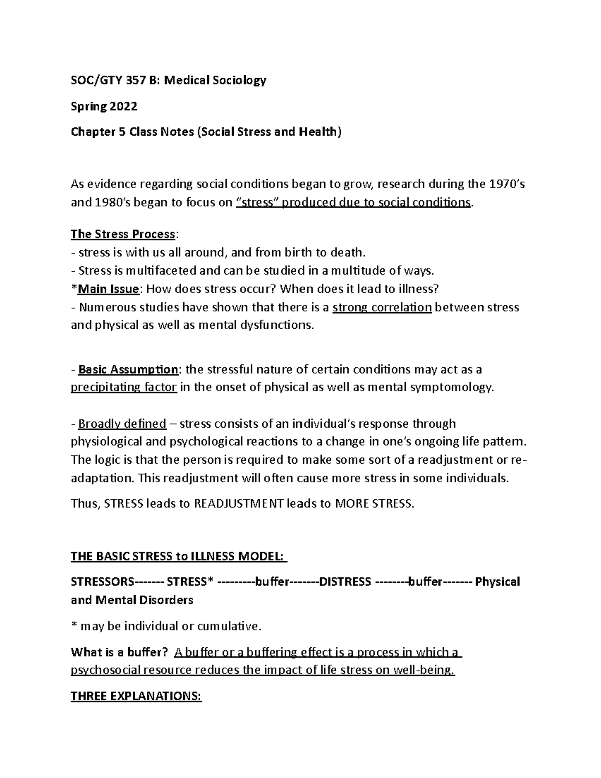 SOC 357 Chapter 5 Stress Notes - SOC/GTY 357 B: Medical Sociology ...