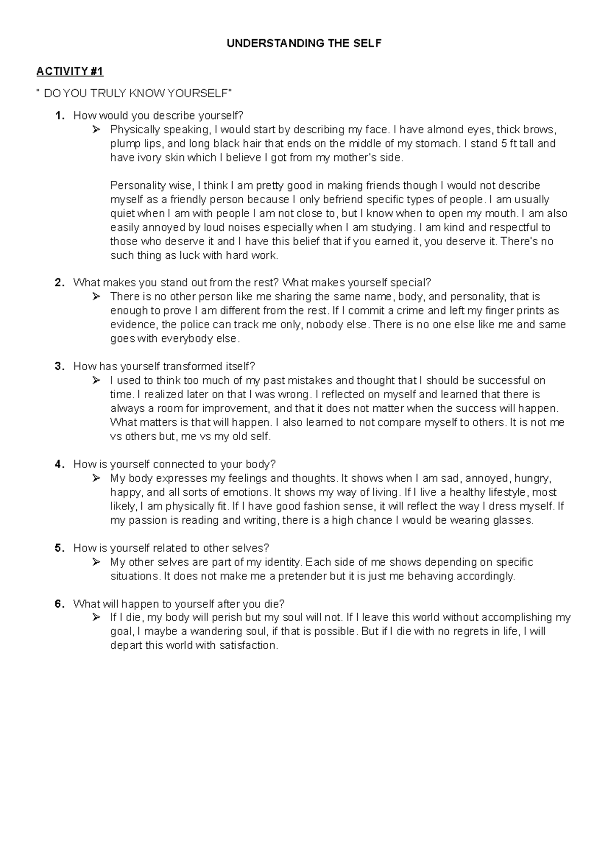 Understanding the self act 1 - UNDERSTANDING THE SELF ACTIVITY “ DO YOU ...