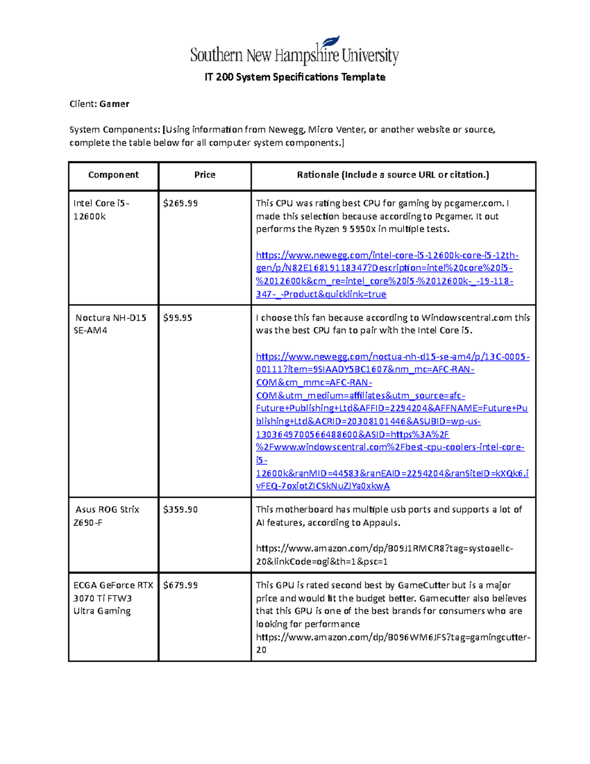 2-1 Activity - Constructing a Computer System - IT 200 System Specifications Template Client ...