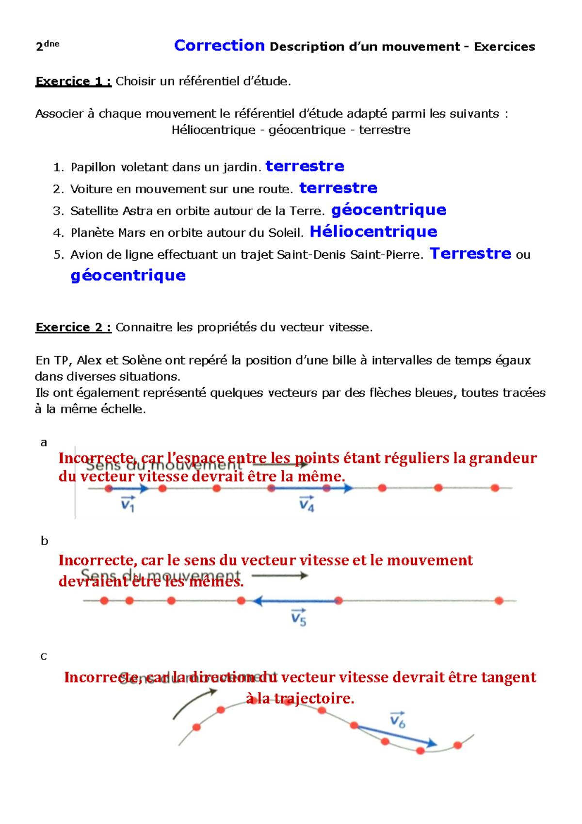 Correction Exercices - Description d'un mouvement - Copie - 2 dne ...