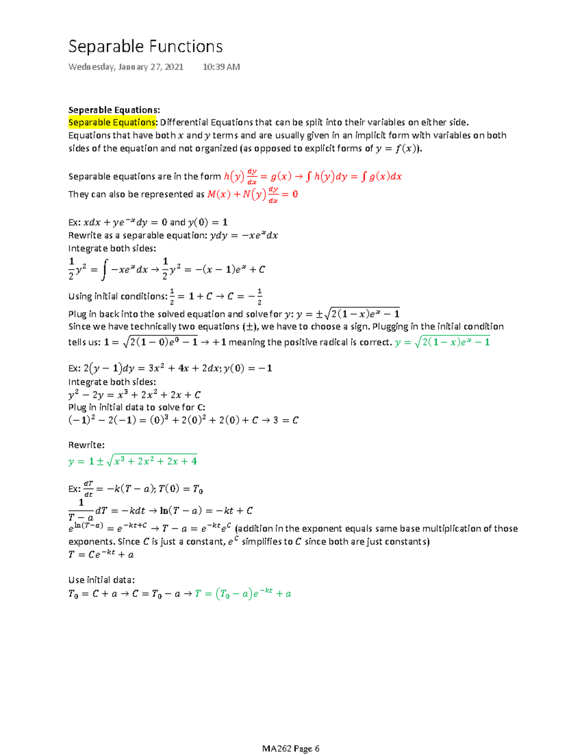 Separable Functions and Linear Equations - Seperable Equations ...
