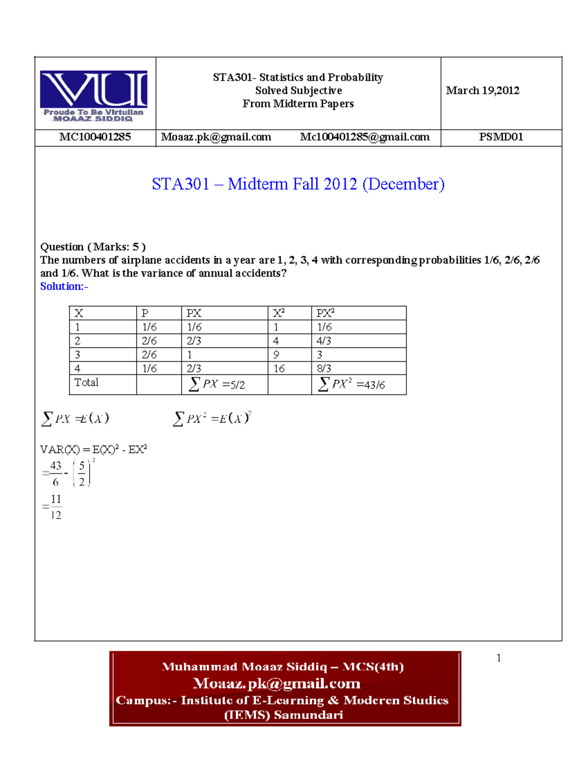 STA301-Mid term Solved Subjective With References by Moaaz - STA301- Statistics and Probability ...