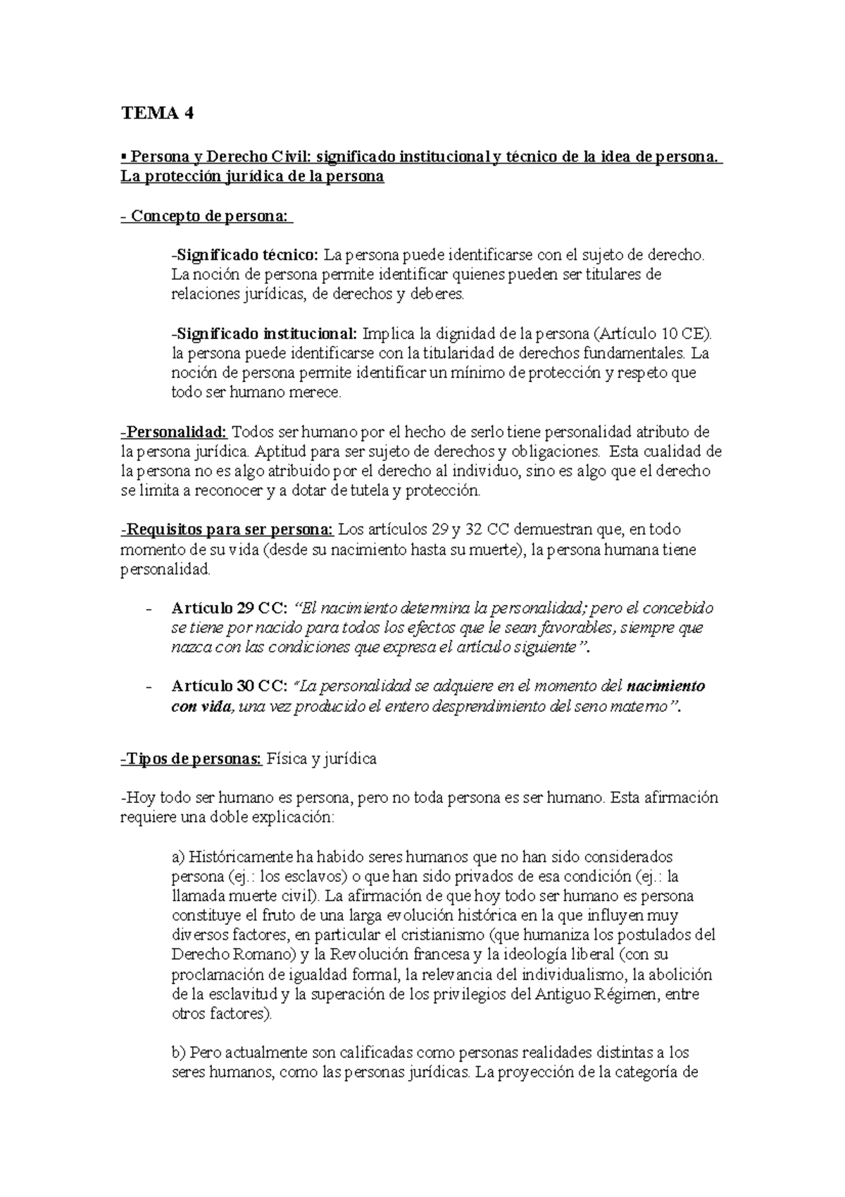 C1 T4 - Apuntes 4 - TEMA 4 Persona y Derecho Civil: significado ...