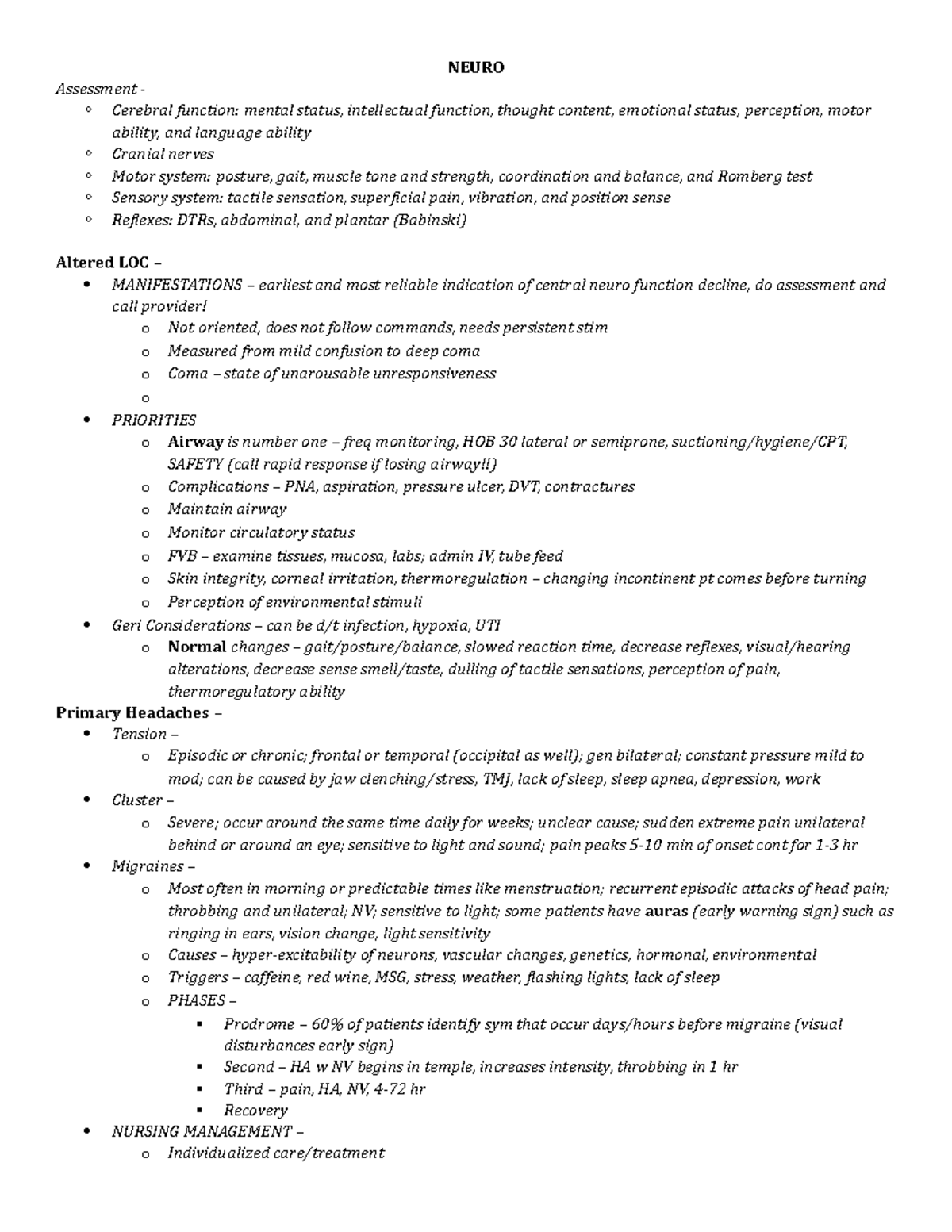 NUR325 Neuro-Musculoskeletal - NEURO Assessment - Cerebral function ...