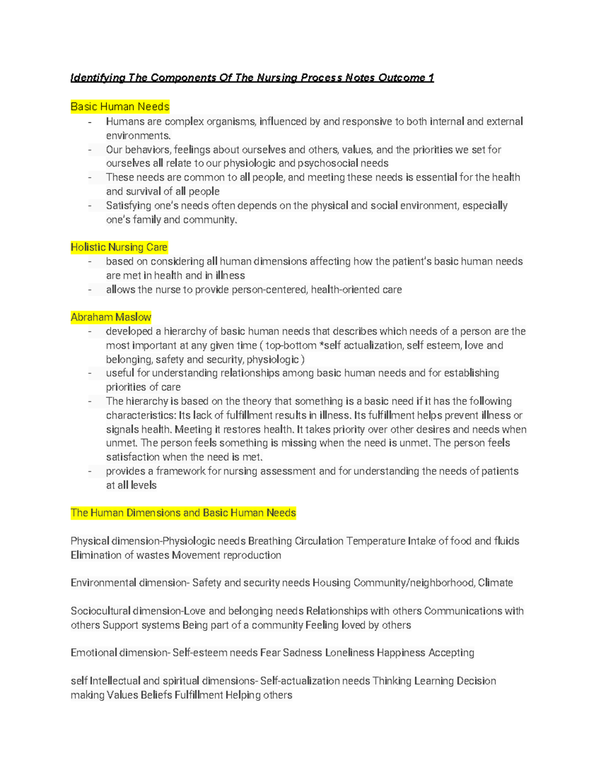 Concept Model I-A Notes nursing 110 - Identifying The Components Of The ...