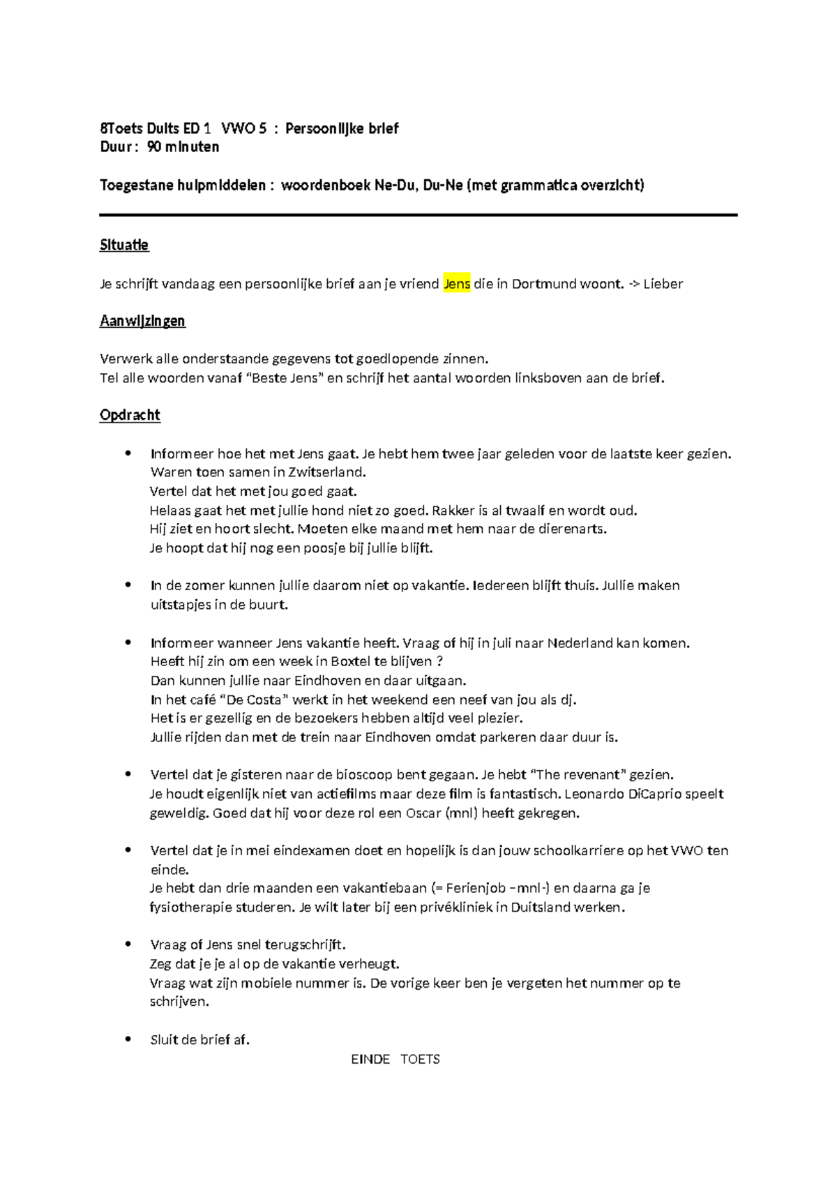 persoonlijke brief schrijven + aantekeningen - 8Toets Duits ED 1 VWO 5 : Persoonlijke brief Duur ...