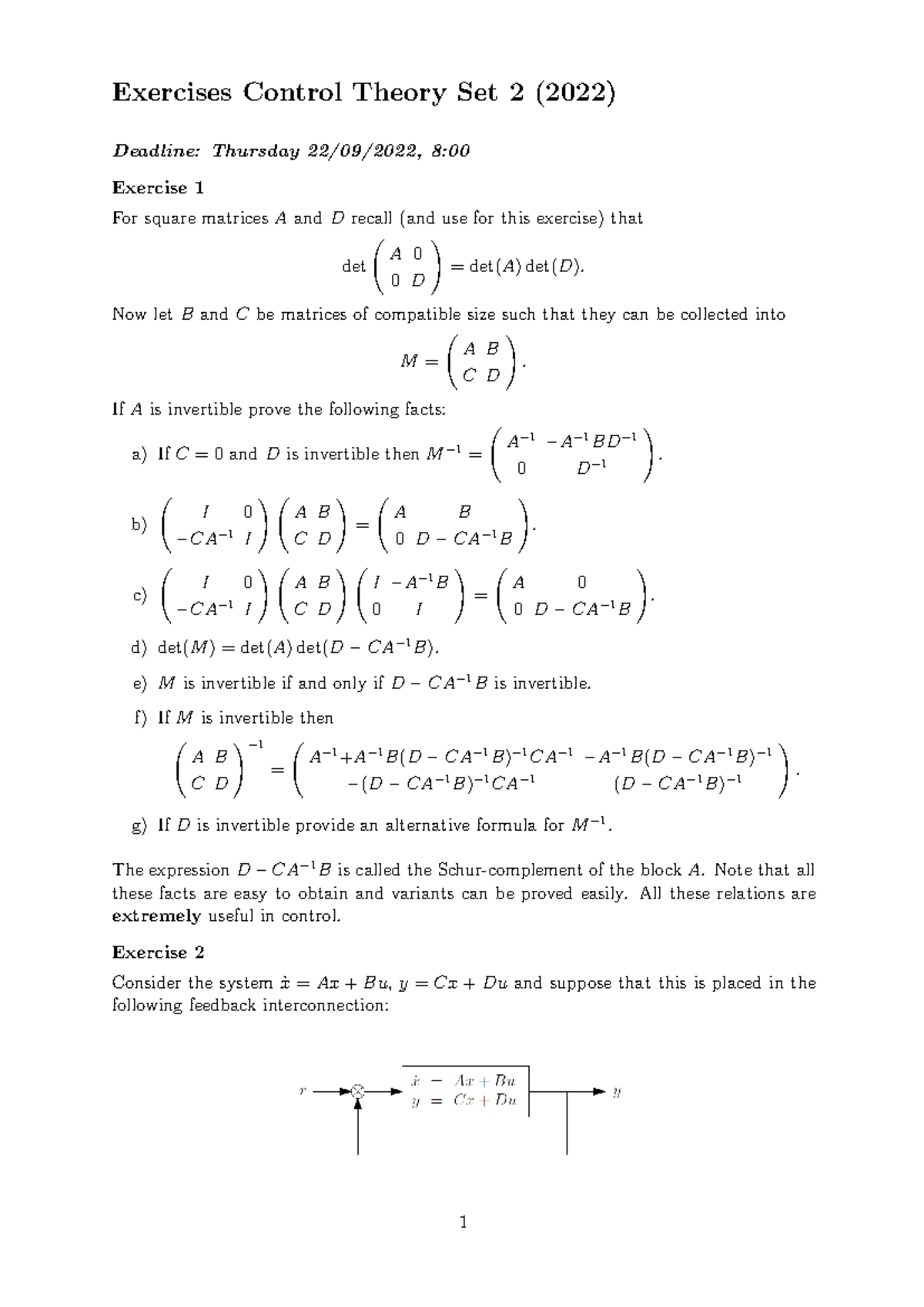 Set2 - Opgave set 2 van control theory - Exercises Control Theory Set 2 (2022) Deadline ...