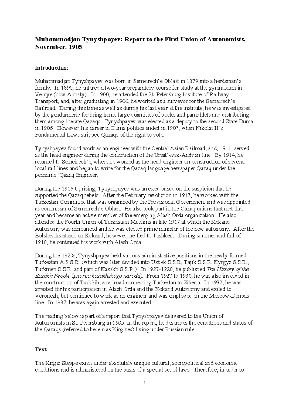 Tynyshpayev, ‘Report to the First Union of Autonomists’ - Muhammadjan ...