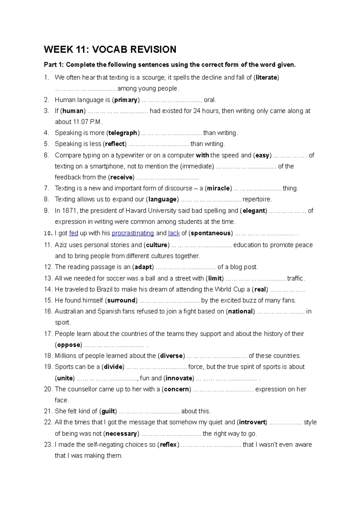 WEEK 11 Vocab Revision - WEEK 11: VOCAB REVISION Part 1: Complete the ...