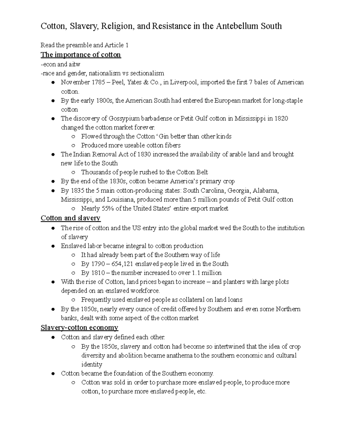 Chapter 11 lecture - Cotton, Slavery, Religion, and Resistance in the ...