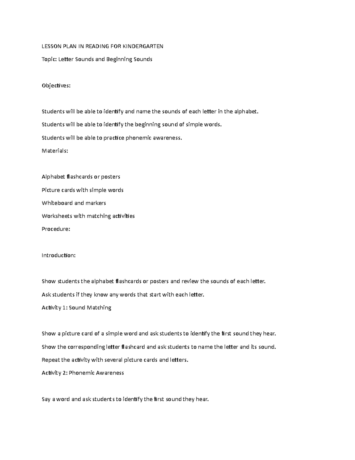 Lesson PLAN IN Reading FOR Kindergarten LESSON PLAN IN READING FOR