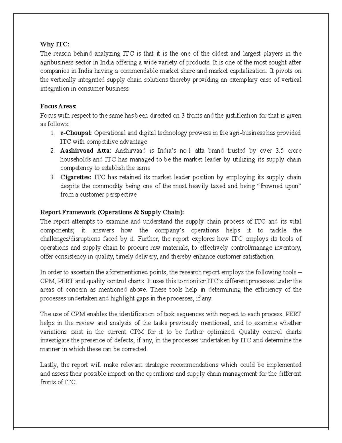 Operation and Supply Chain - Supply Chain Analysis - ITC - Why ITC: The ...