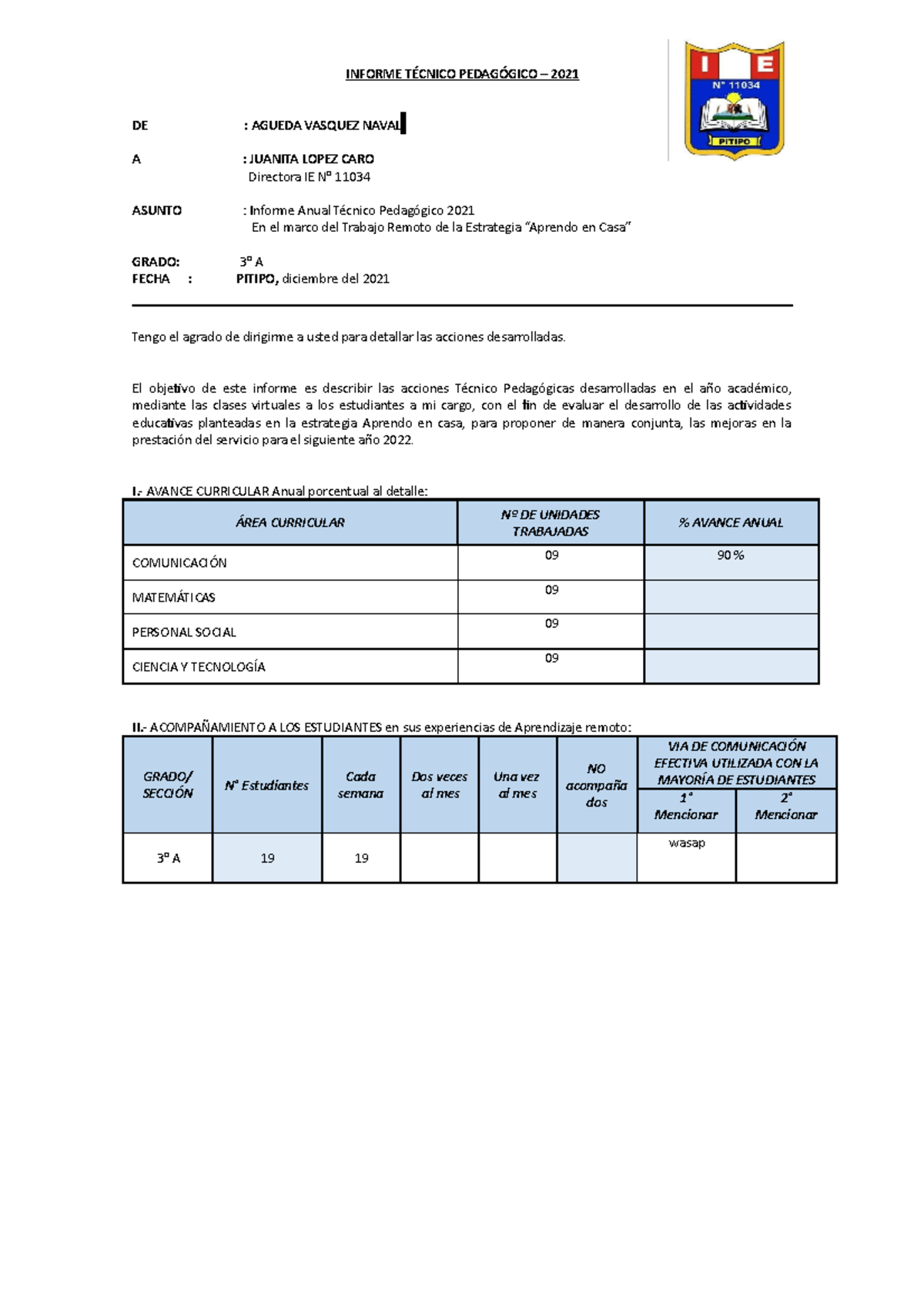 Informe Pedagógico DE Tercer Grado - INFORME TÉCNICO PEDAGÓGICO – 2021 ...