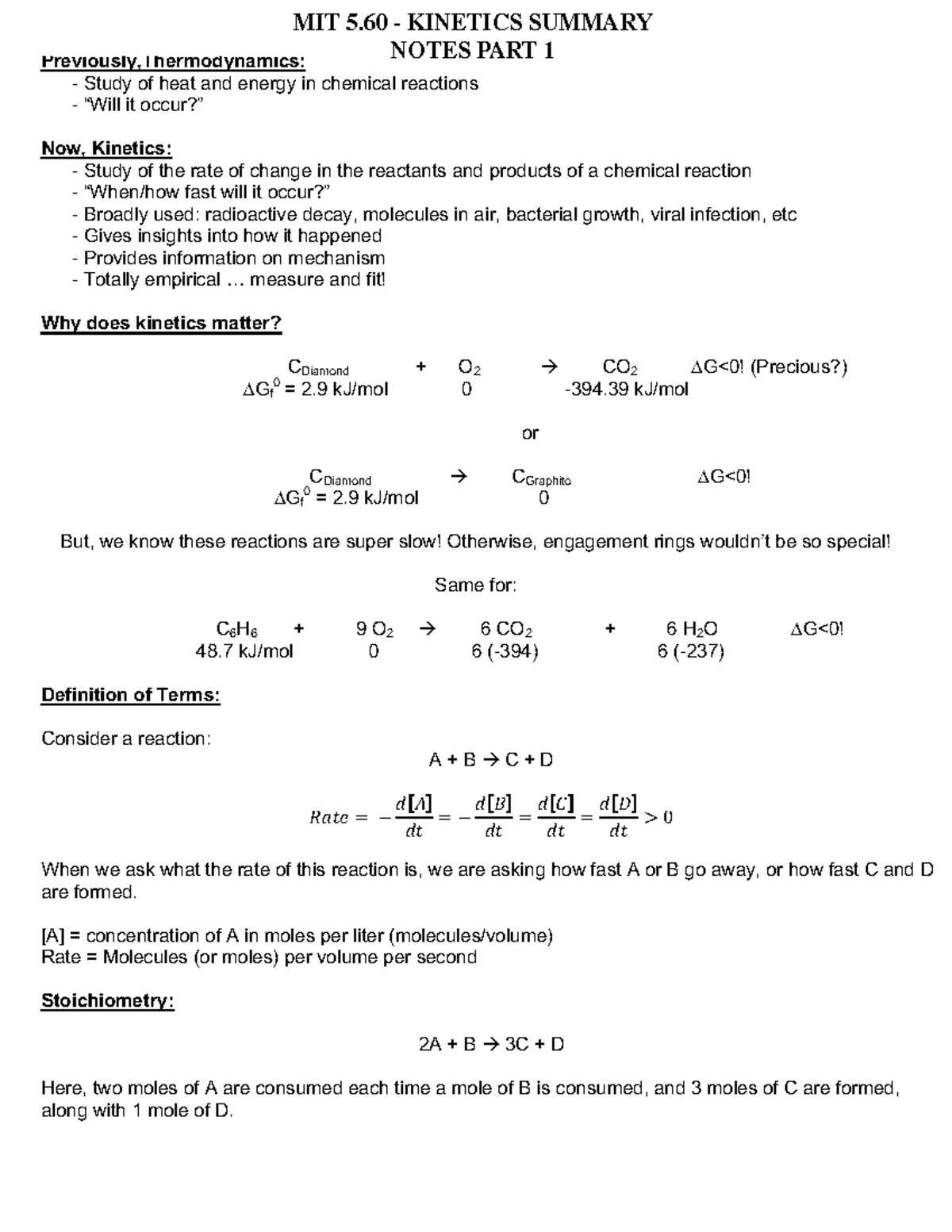 KINETICS SUMMARY NOTES PART 1 - Previously,Thermodynamics: Study of ...