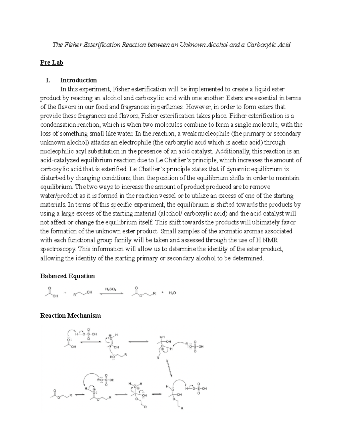 Experiment 5: The Fisher Esterification Reaction between an Unknown ...