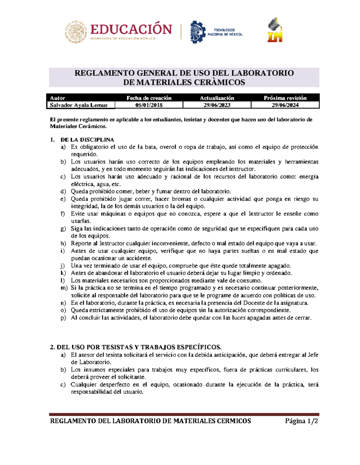 Reglamento DE Laboratorio MAT Ceramicos - REGLAMENTO DEL LABORATORIO DE MATERIALES CERMICOS ...