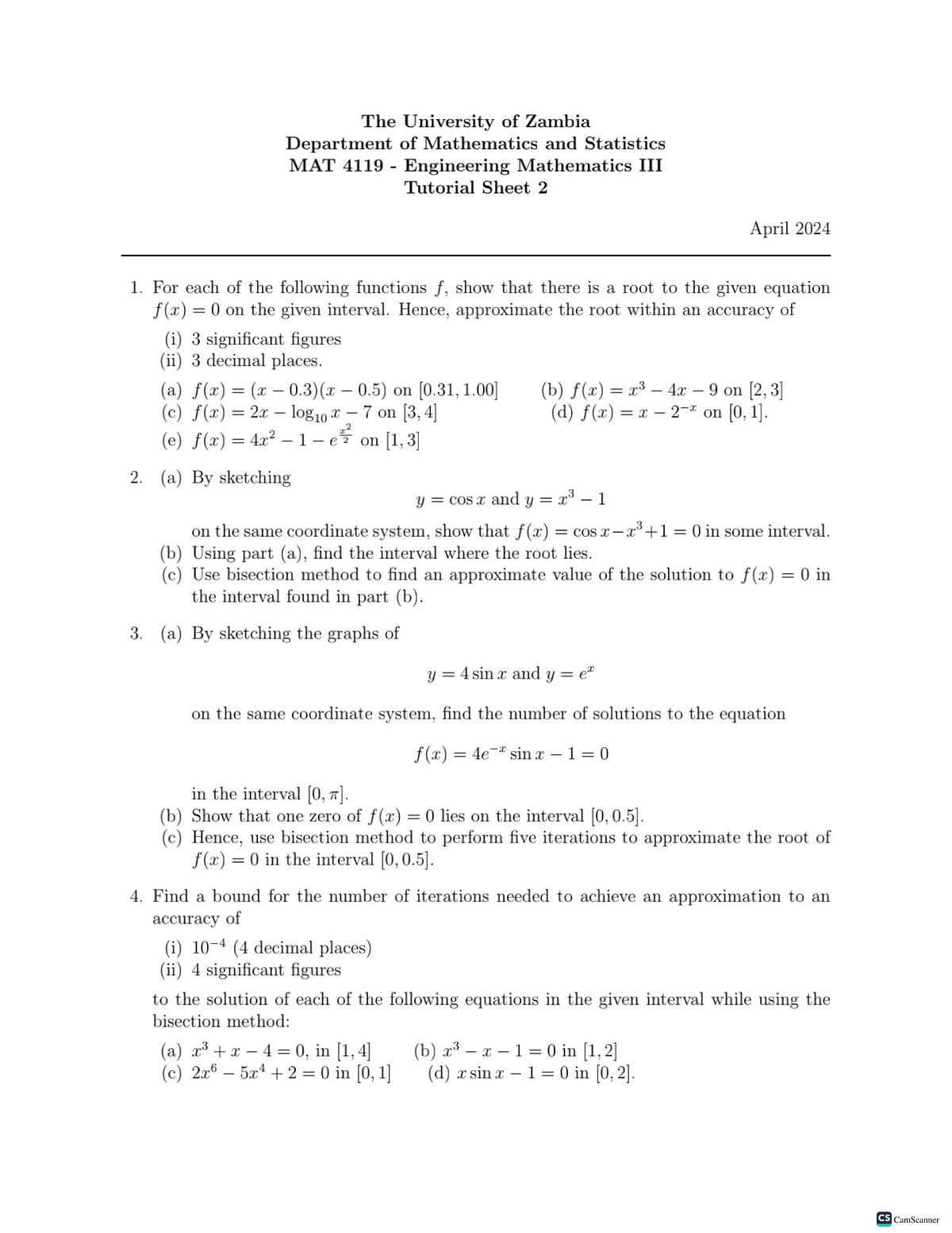 MAT 4119 Tutorial Sheet 2 - Numerical Methods - CamScanner - Studocu