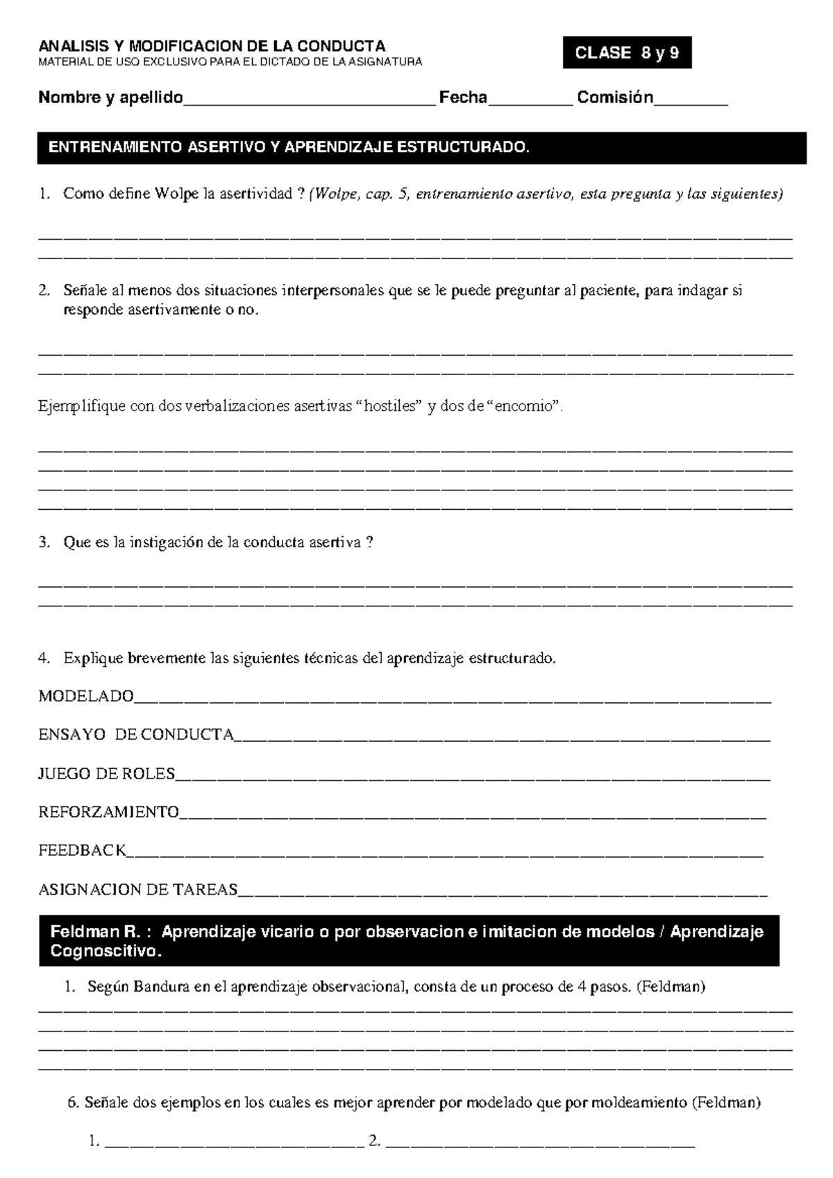 Guía práctica 8 y 9 - Guía práctica 8 y 9 - ANALISIS Y MODIFICACION DE LA CONDUCTA MATERIAL DE ...