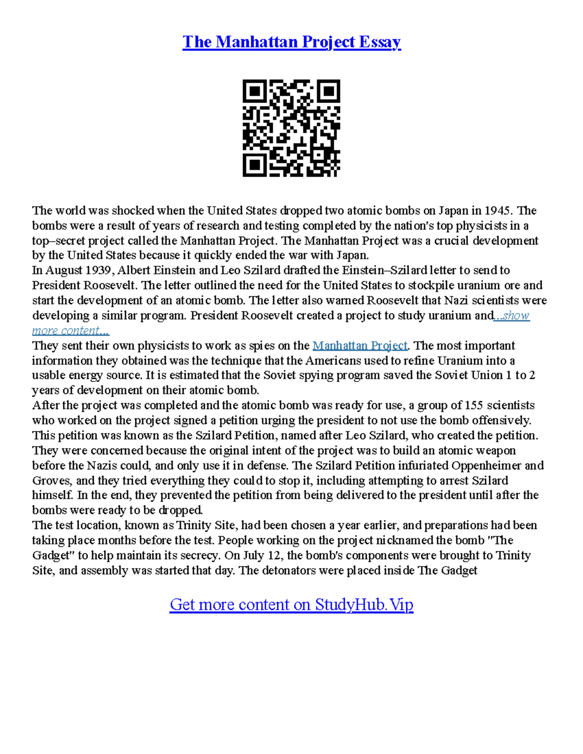 The Manhattan Project Essay - The bombs were a result of years of ...