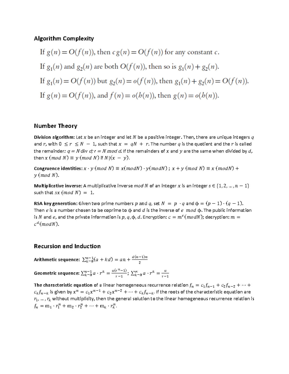 C960 formula sheet edited - Algorithm Complexity Number Theory Division ...