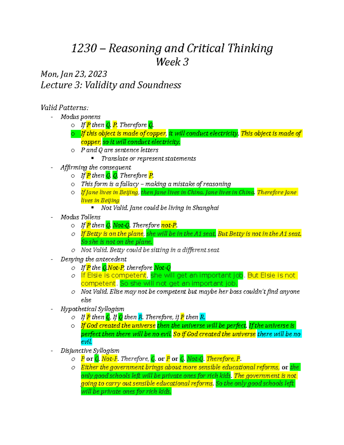 1230 Week 3 - Weekly Lecture Notes - 1230 – Reasoning and Critical ...