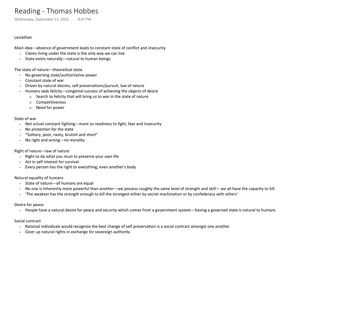 Reading - Thomas Hobbes - Leviathan Main idea—absence of government ...