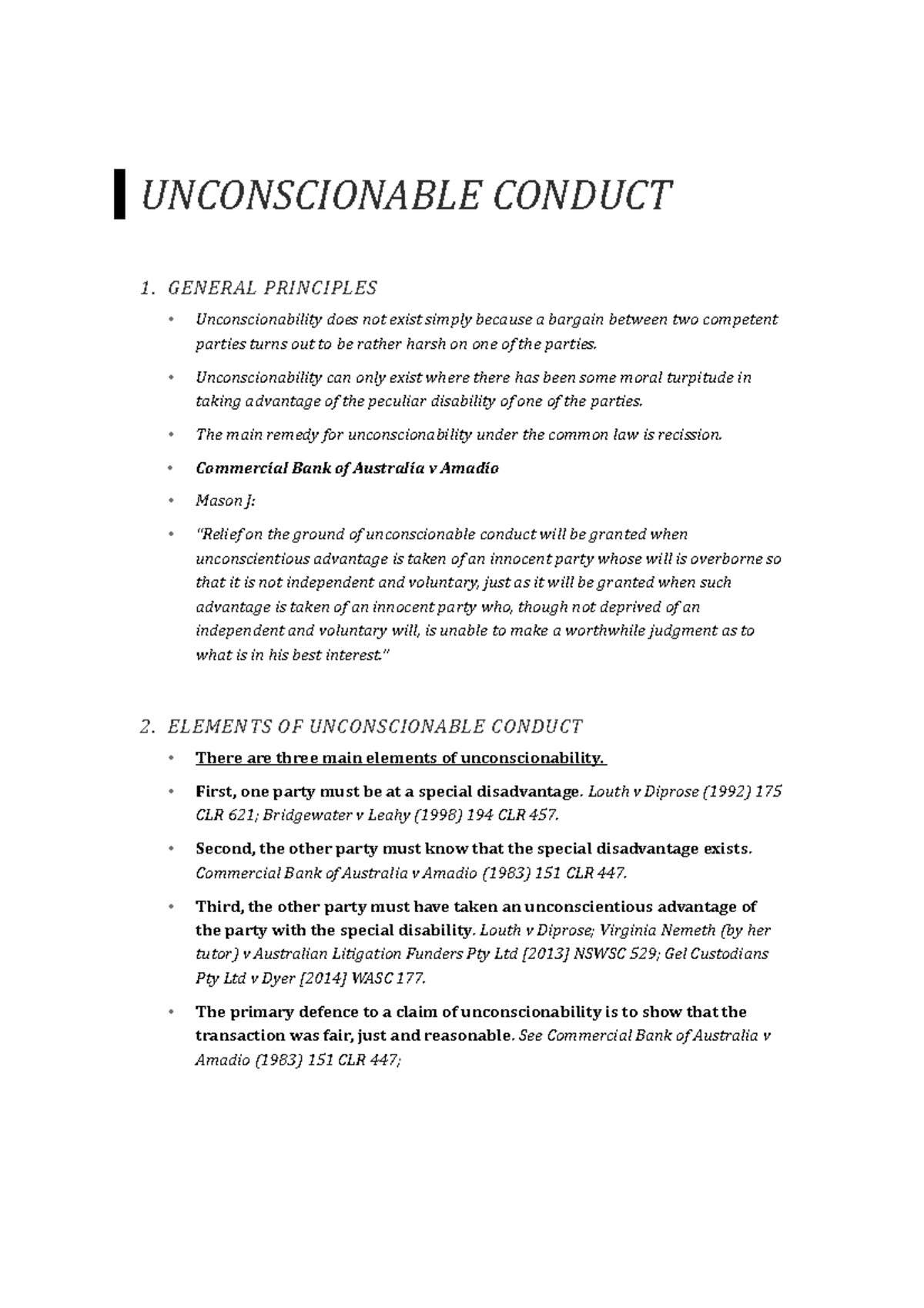 Contracts - unconscionable conduct summary - UNCONSCIONABLE CONDUCT 1 ...