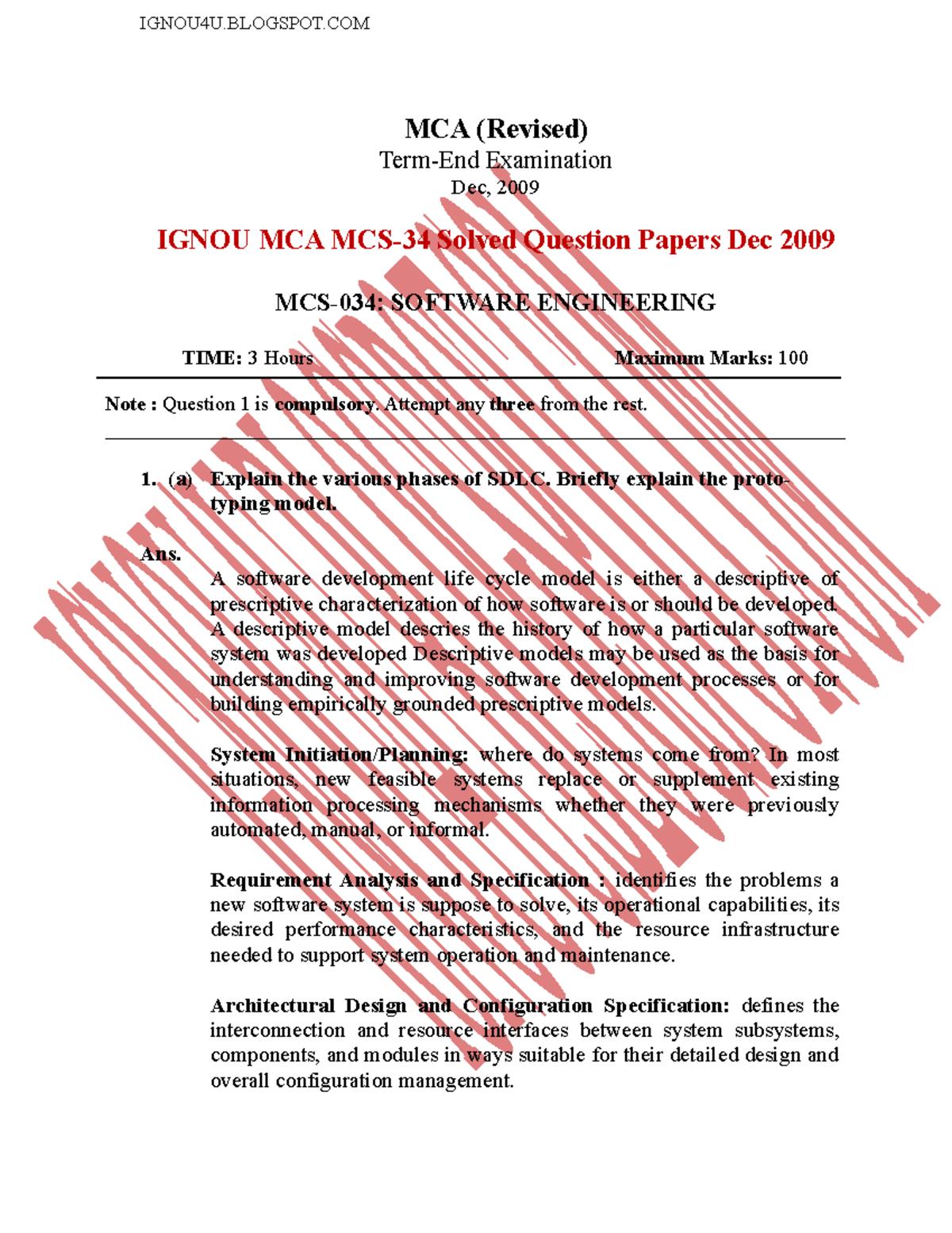 Ignou MCA MCS-34 Solved Question Papers Dec 2009-1 - MCA (Revised) Term-End Examination Dec ...