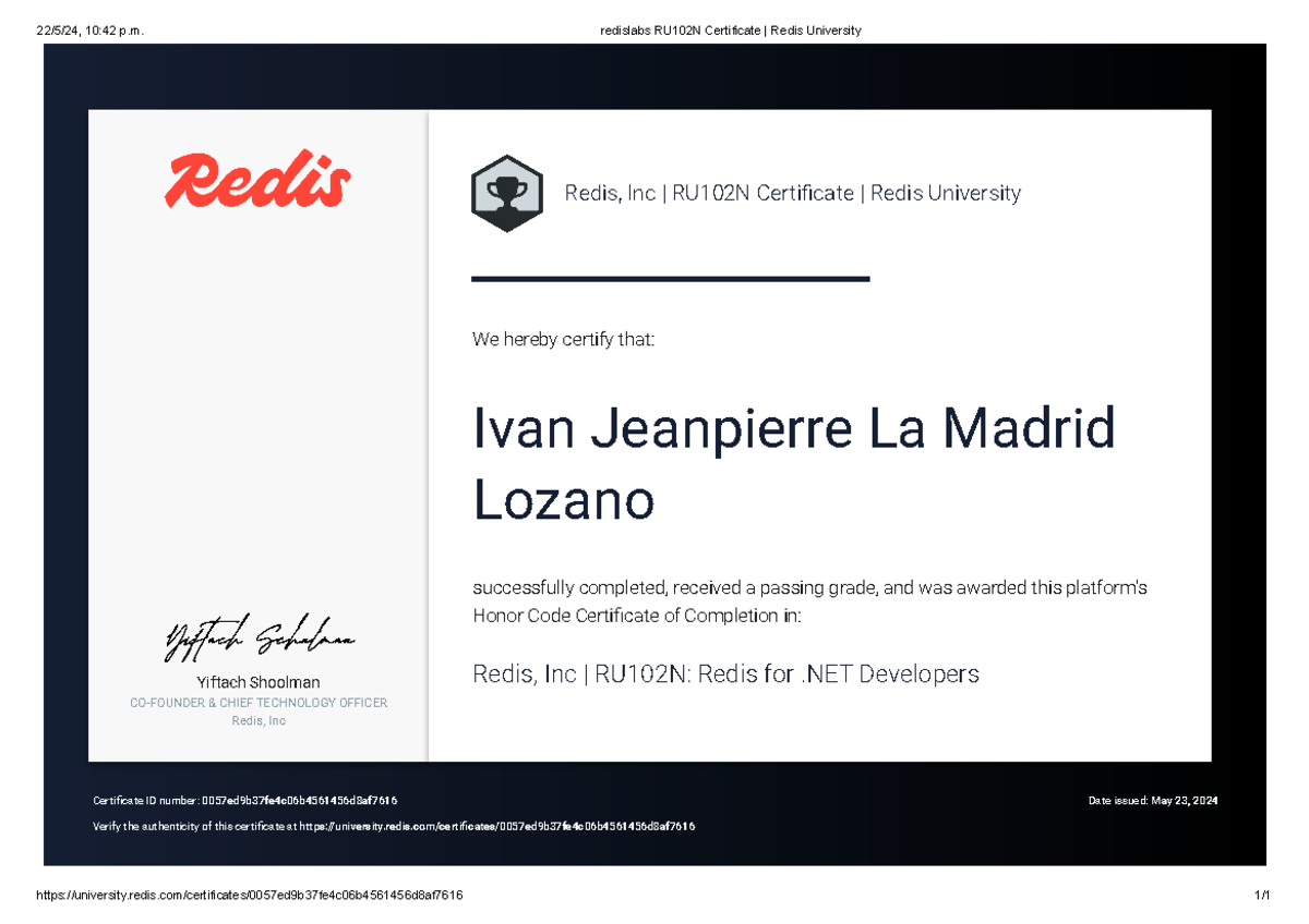 Redislabs RU102N Certificate Redis University - Certicate ID number: - Studocu