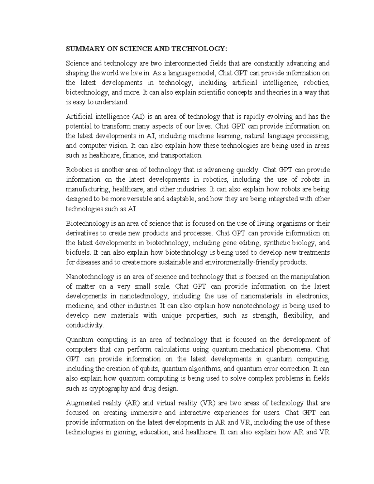 Summary on Science AND Technology - SUMMARY ON SCIENCE AND TECHNOLOGY ...