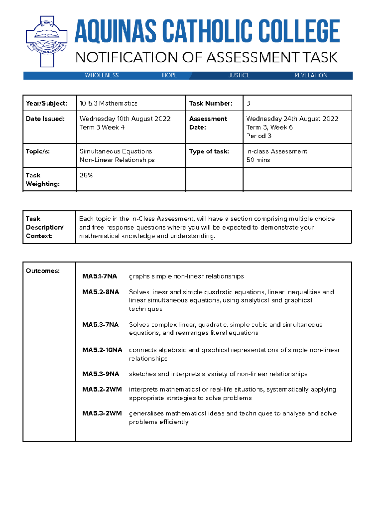 10 5.3 T3 2022 Notification - Year/Subject: 10 5 Mathematics Task ...