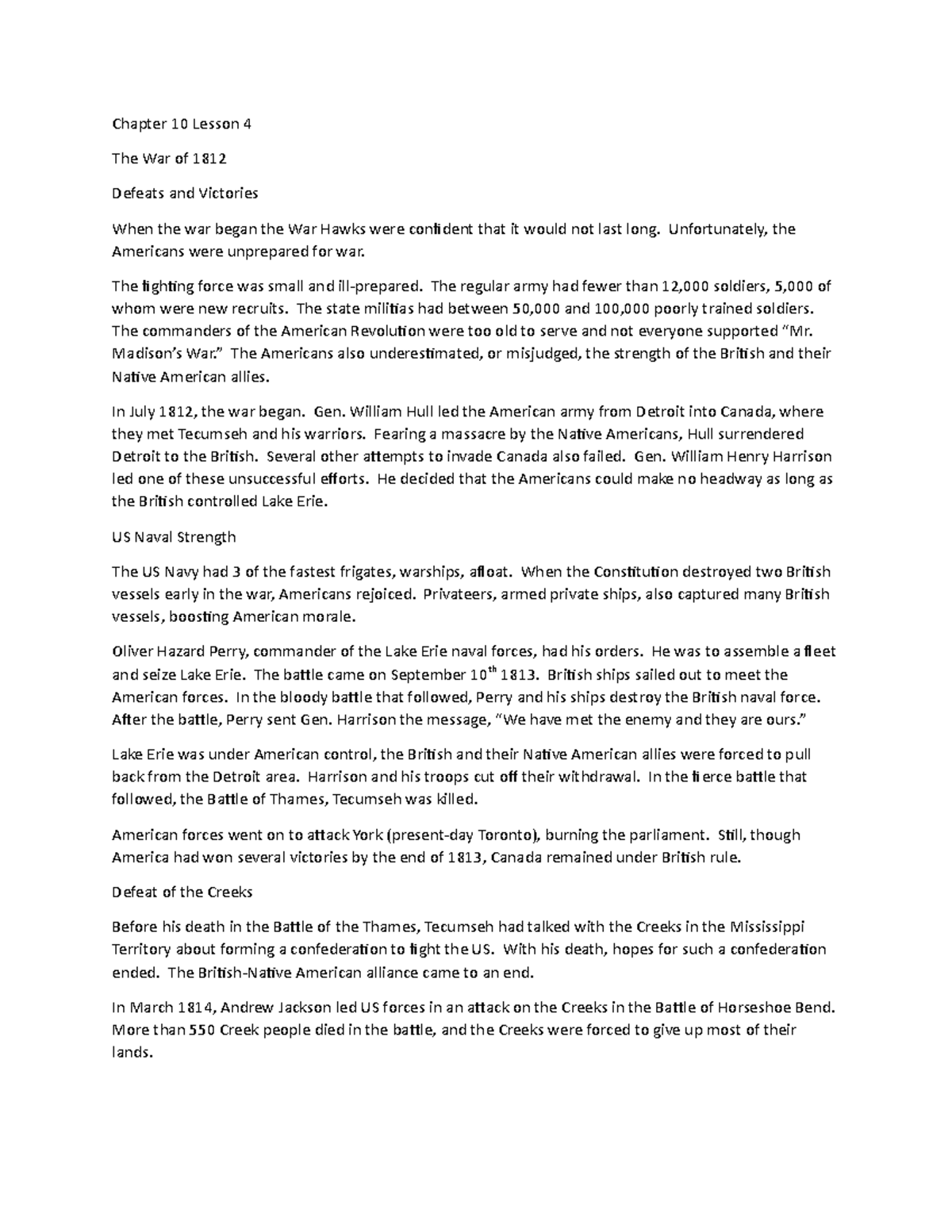 Chapter 10 Lesson 4 The War of 1812 Defeats and Victories - Studocu