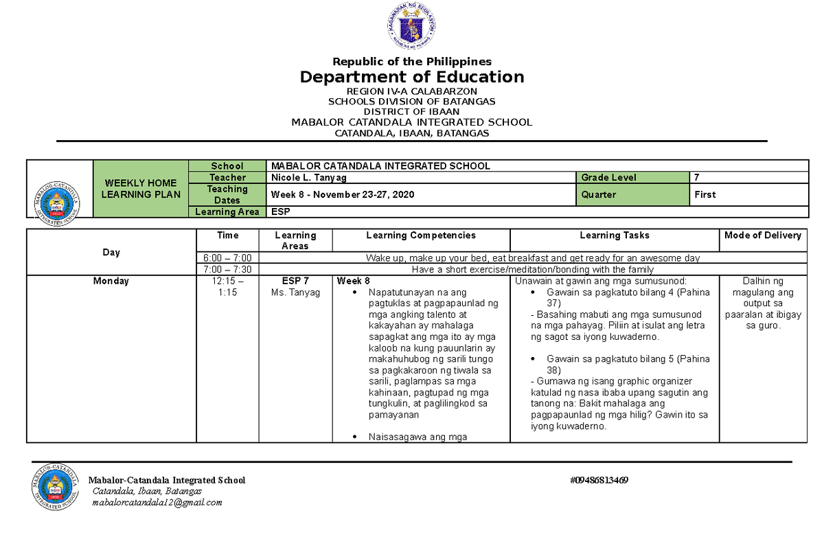 G7 8th Weekly Home Learning Plan - Republic of the Philippines ...