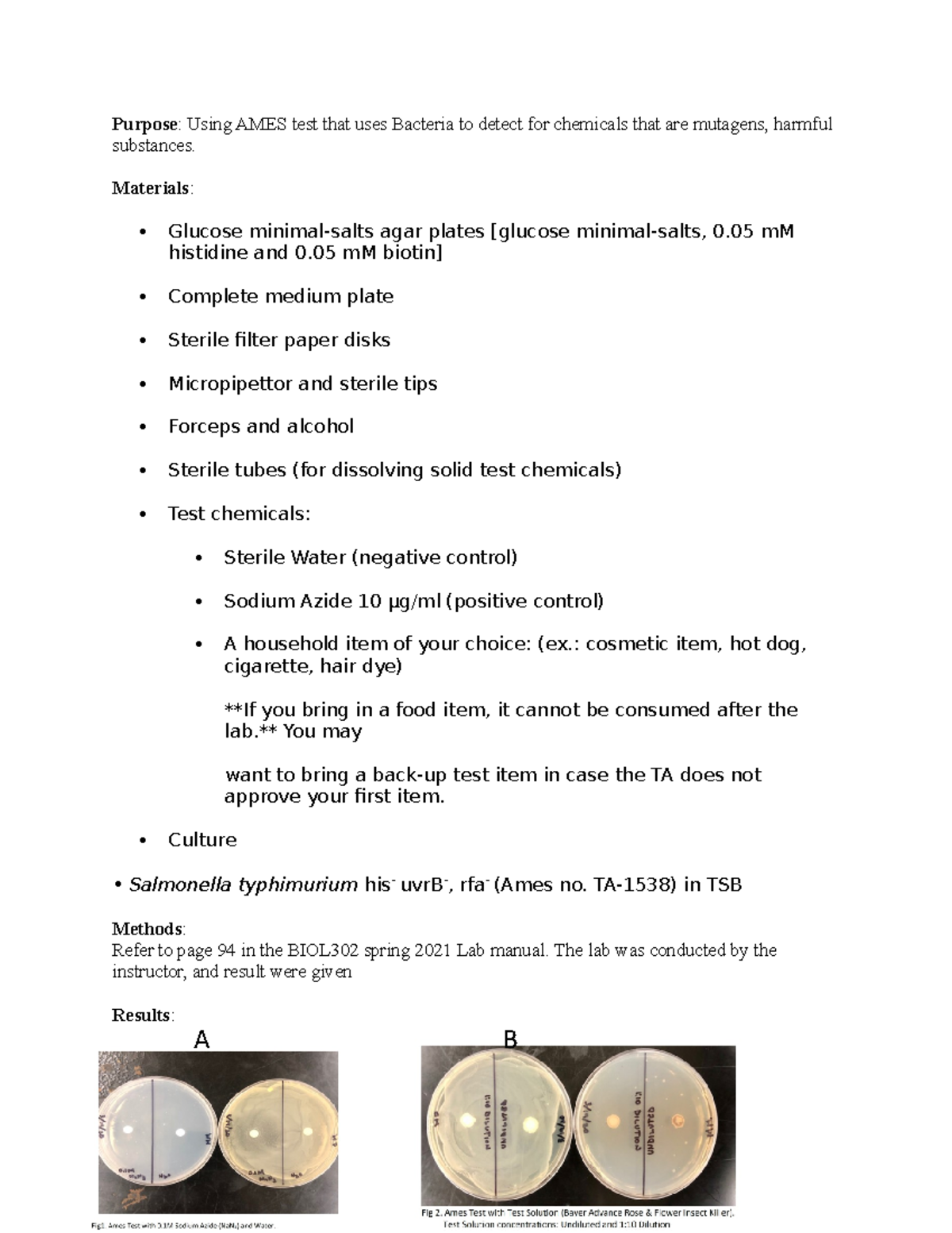 BIOL 309 LAB 12,13 ,14 - Purpose : Using AMES test that uses Bacteria ...
