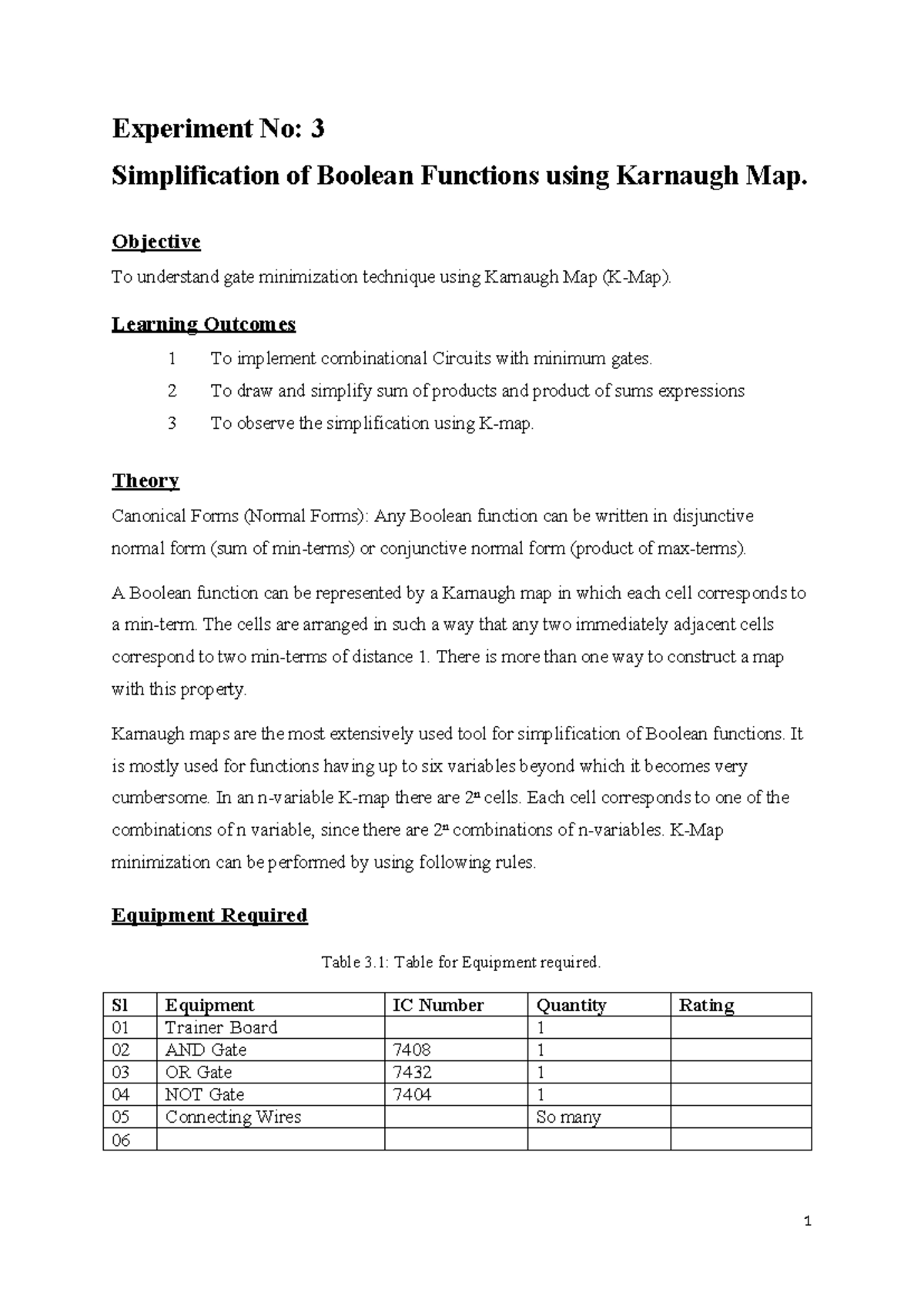 Lab report 3 no - Experiment No: 3 Simplification of Boolean Functions using Karnaugh Map ...