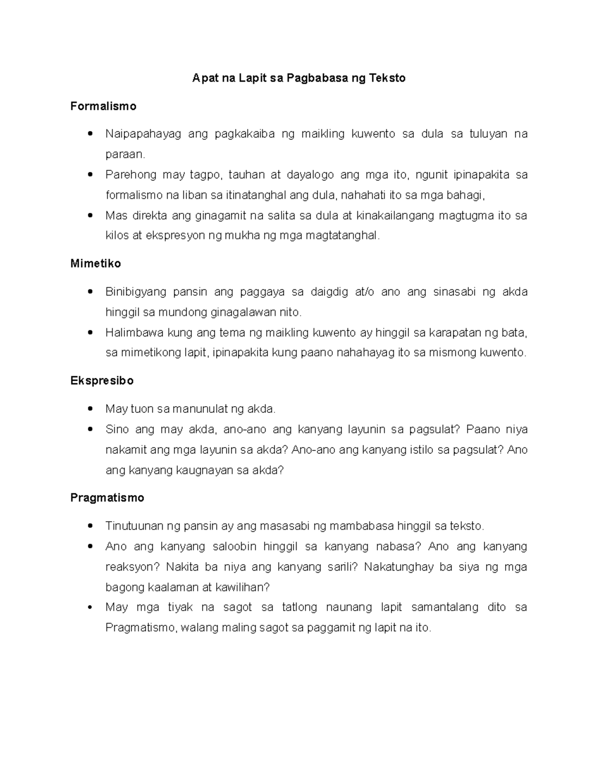 Apat na Lapit sa Pagbabasa ng Teksto - Apat na Lapit sa Pagbabasa ng ...