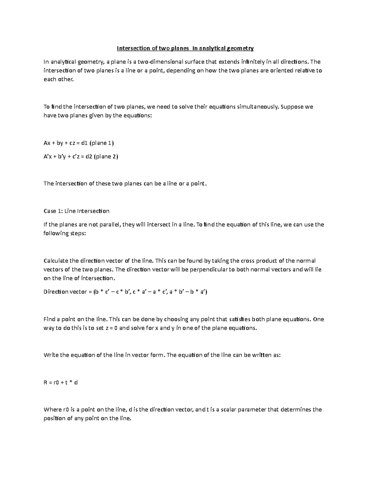 Intersection of two planes In analytical geometry - In analytical ...