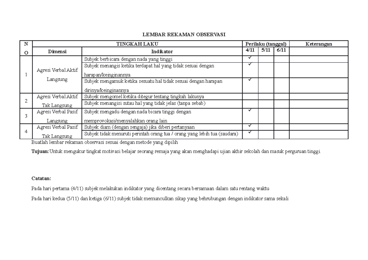 Lembar Rekaman Observasi Psikologi - LEMBAR REKAMAN OBSERVASI N O ...