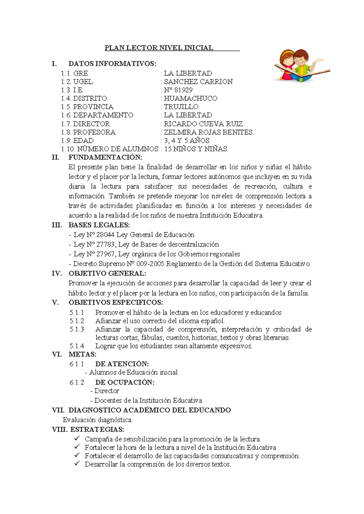 PLAN Lector - PLAN LECTOR NIVEL INICIAL I. DATOS INFORMATIVOS: 1. GRE ...