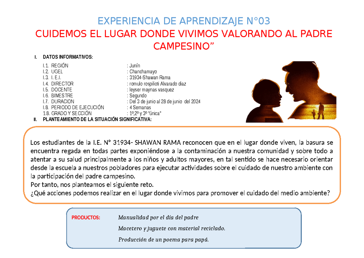 Unidad Didactica - Junio - EXPERIENCIA DE APRENDIZAJE N° CUIDEMOS EL LUGAR DONDE VIVIMOS ...
