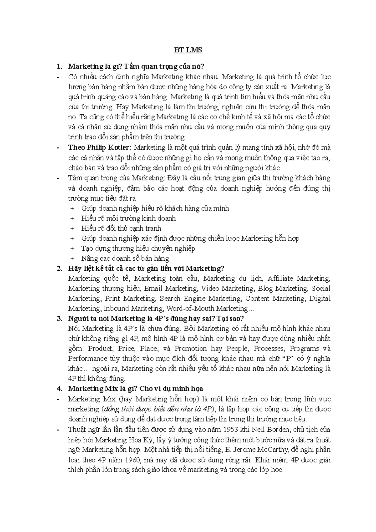 TỔNG HỢP CÁC BÀI TẬP LMS - BT LMS 1. Marketing là gì? Tầm quan trọng của nó? - Có nhiều cách ...