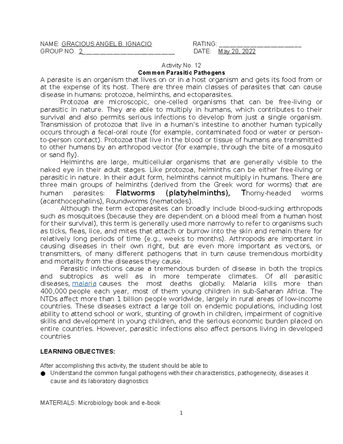 2022 Microlab Activity 13 Common Parasitic Pathogens - NAME: GRACIOUS ...
