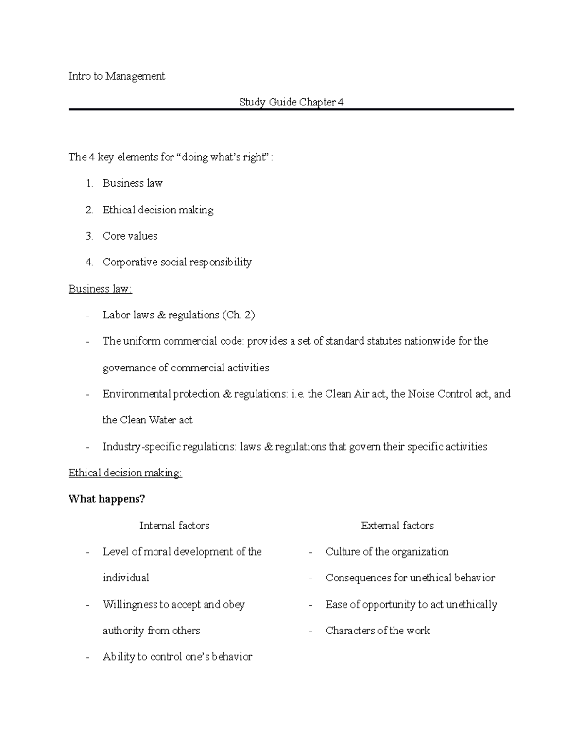 MGMT Ch. 4 Study Guide - Professor Vogelmann - Intro to Management ...