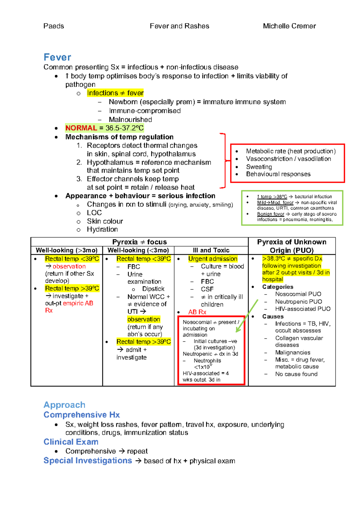 1. Fever and Rashes - Fever Common presenting Sx = infectious + non ...