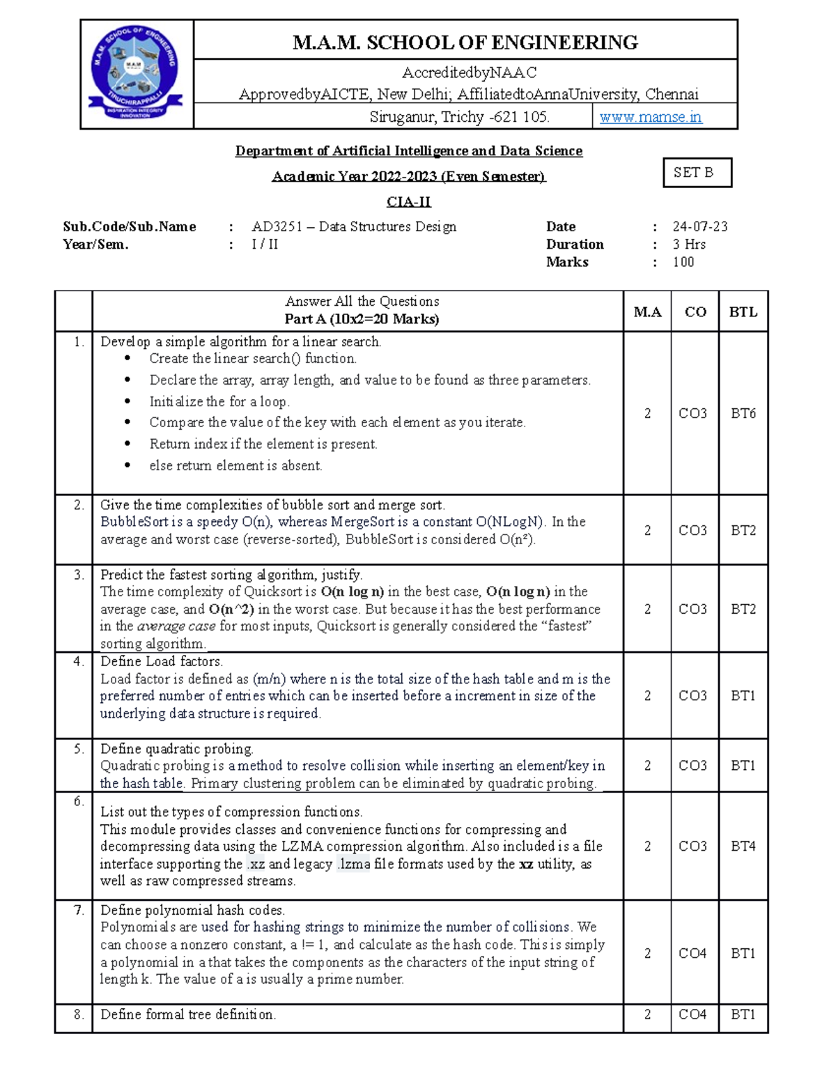 AD3251 - DSD CIA 2 QP KEY - GOOD - AccreditedbyNAAC ApprovedbyAICTE ...