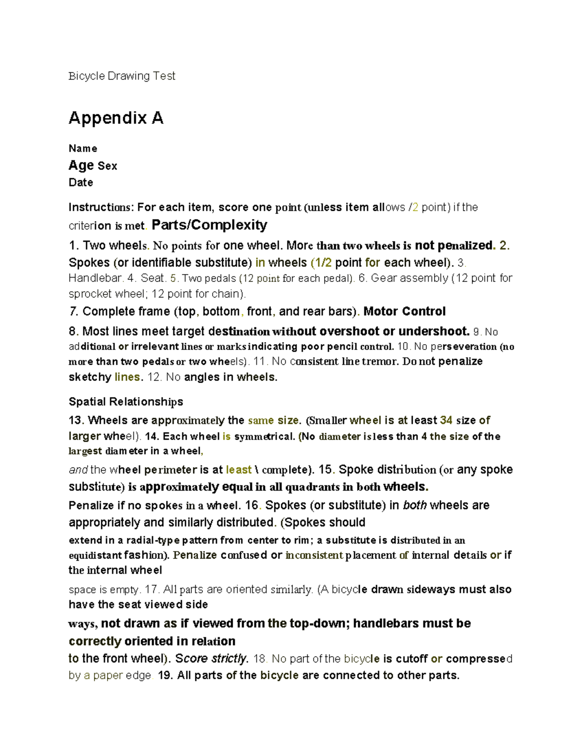 Bicycle Drawing Test Scoring - B icycle Drawing Test Appendix A Name ...