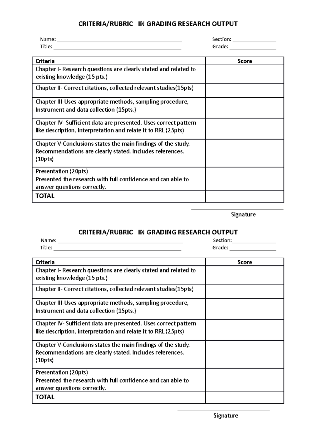 Rubric in grading research - CRITERIA/RUBRIC IN GRADING RESEARCH OUTPUT ...