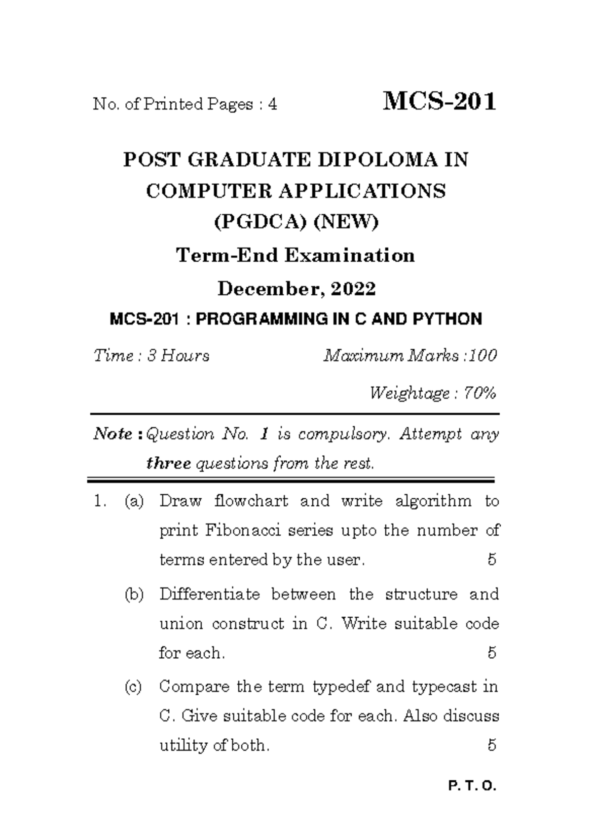 660483093-MCS-201 - P. T. O. No. of Printed Pages : 4 MCS- POST GRADUATE DIPOLOMA IN COMPUTER ...