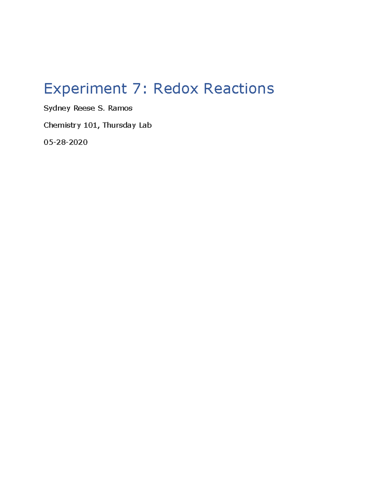 Experiment 7 - Organic Chemistry lab - Experiment 7: Redox Reactions ...