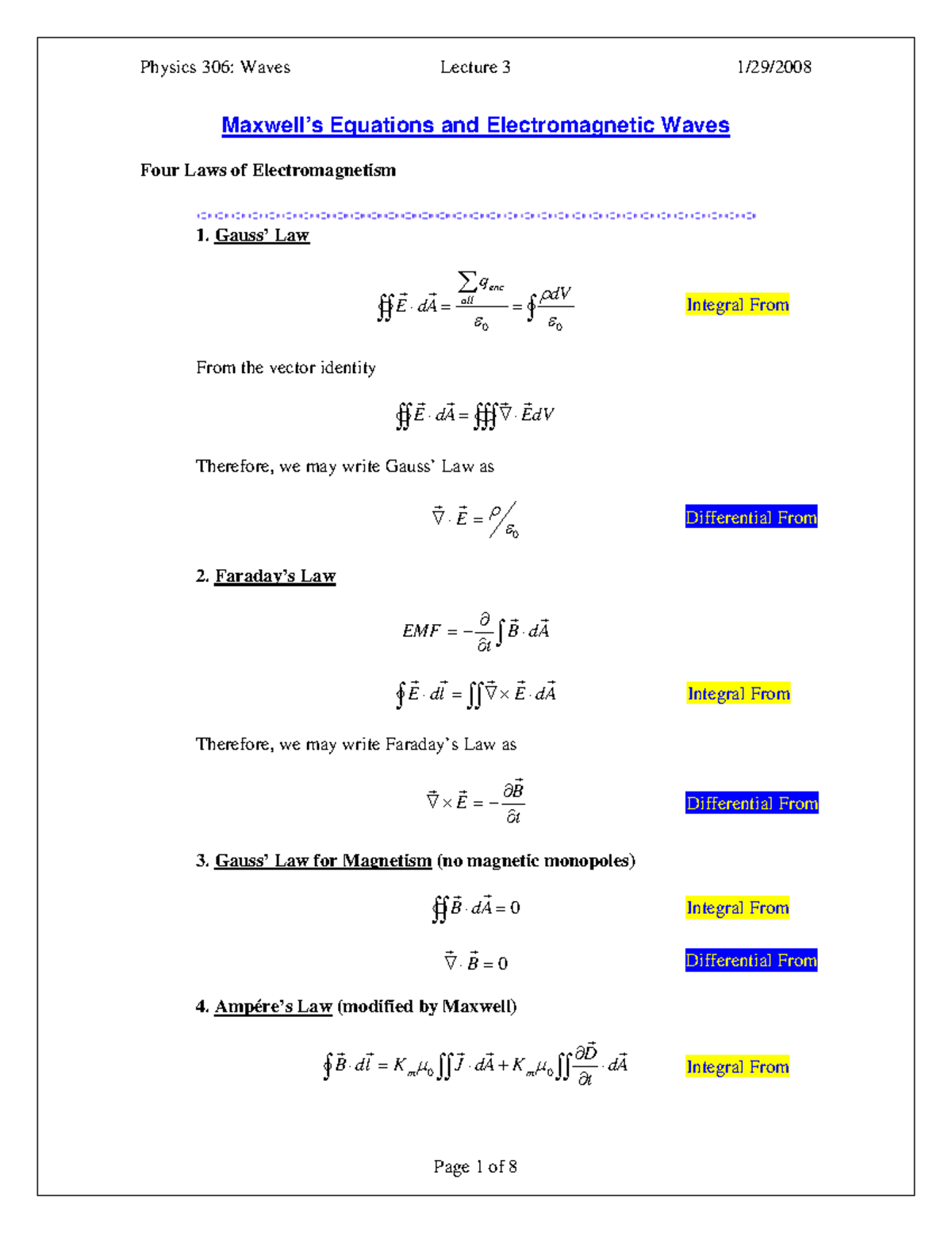 Lecture 3 - Maxwell's Equations and Electromagnetic waves - Physics 306 ...